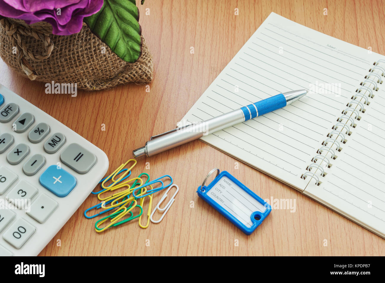 Office table with notepad view from above with copy space Stock Photo ...