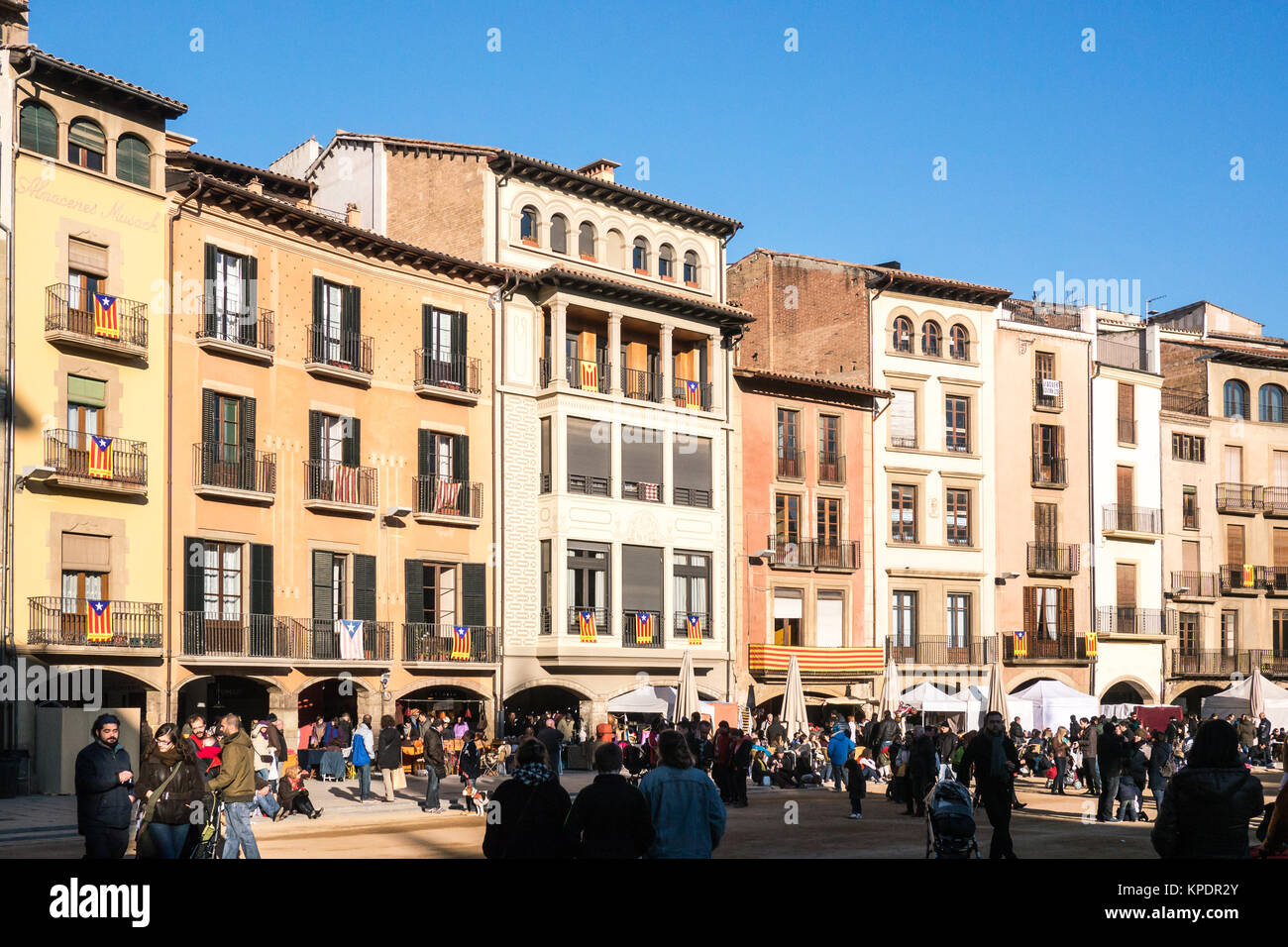 Vic, Spain - December 6, 2013 - View of the facades of the main square ...