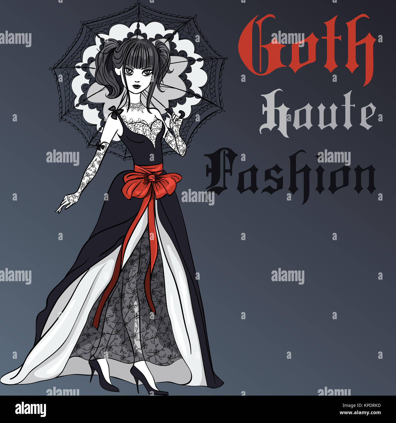 Vector Goth girl in black dress with umbrella Stock Photo - Alamy