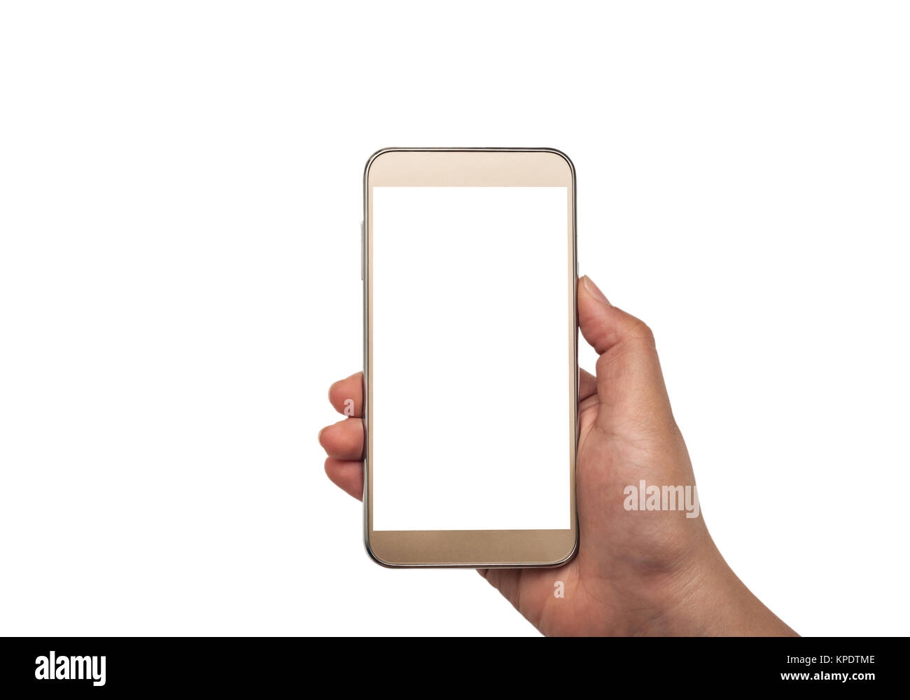 Hand with smartphone white screen isolated, Clipping path Stock Photo ...