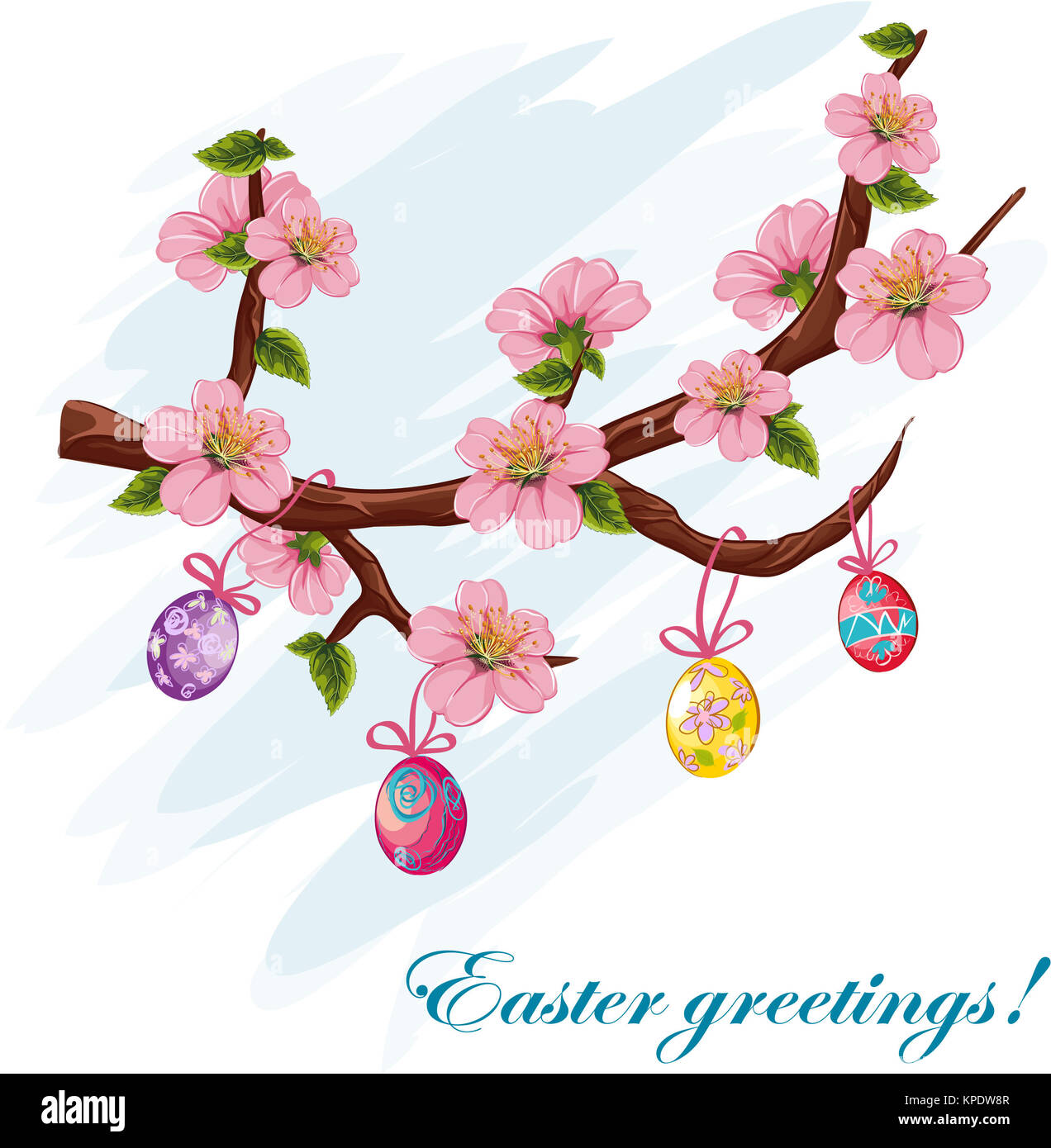Happy Easter card with cherry blossoms and Easter eggs Stock Photo - Alamy