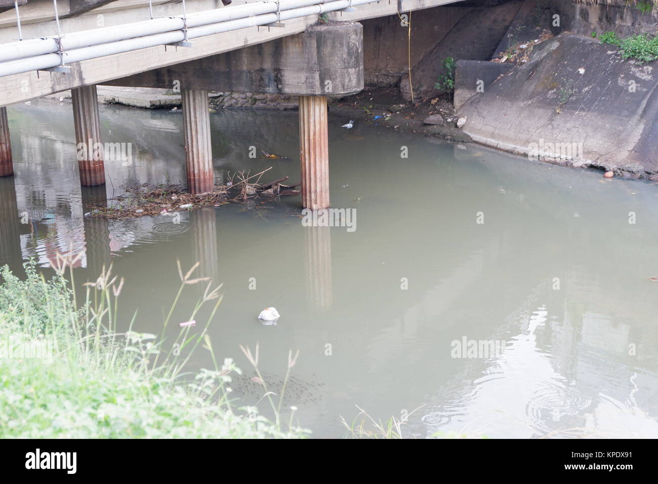 Trash swept under the bridge, High Tide Stock Photo - Alamy