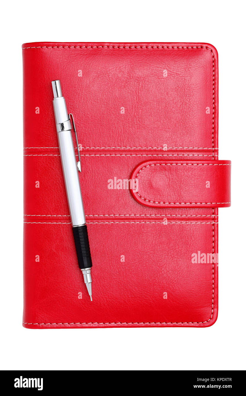 leather notebook and ballpoint pen isolated on a white background Stock ...