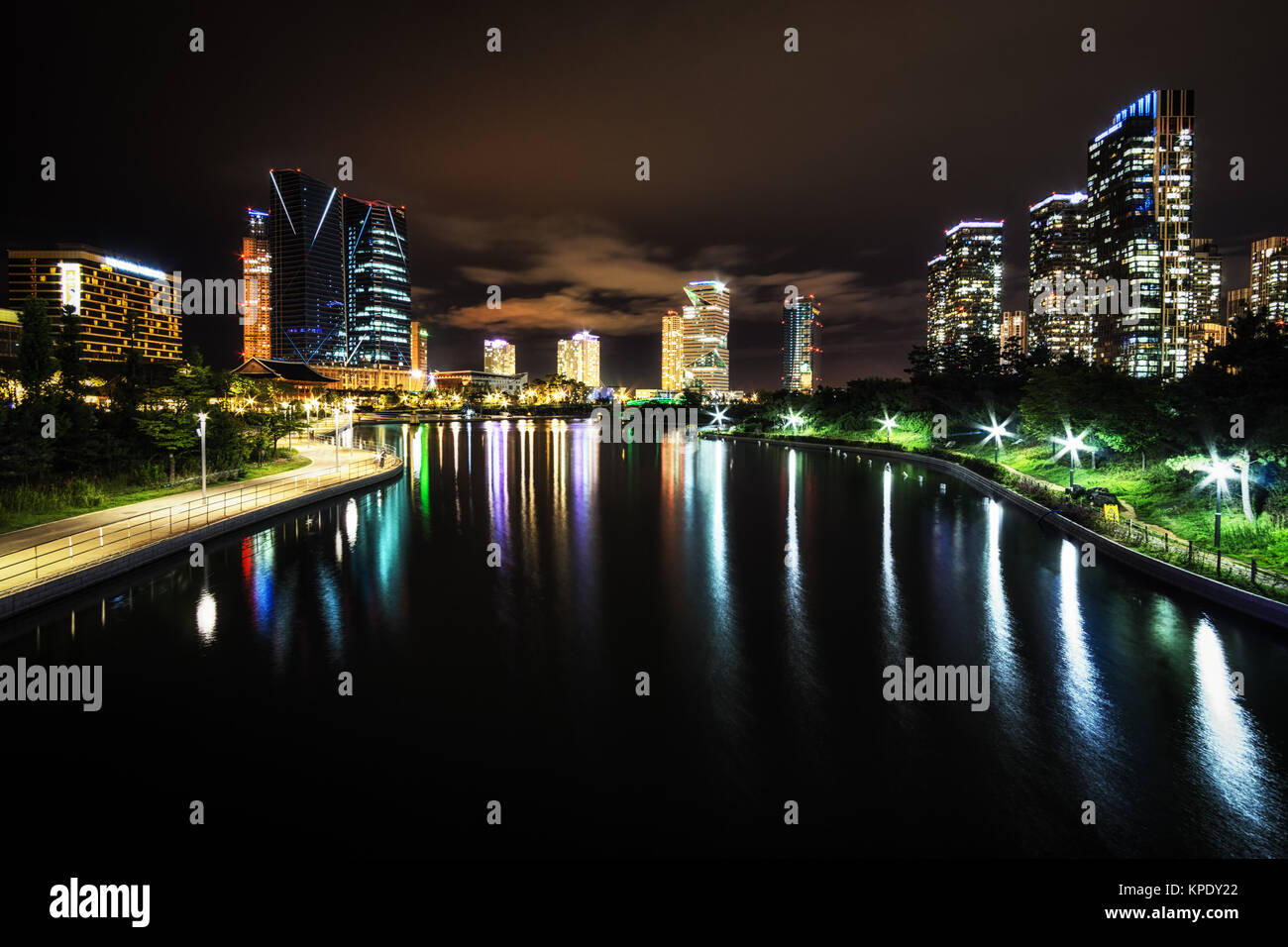 Songdo Canal night reflection Stock Photo - Alamy
