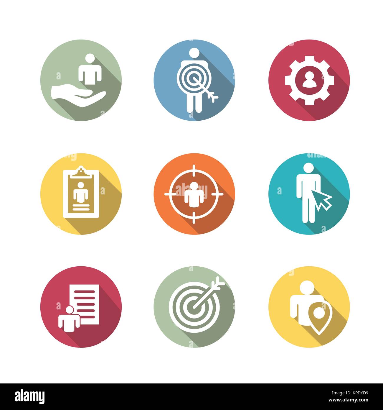 Target market icons of buyer image and persona w gear, arrow, nurturing ...