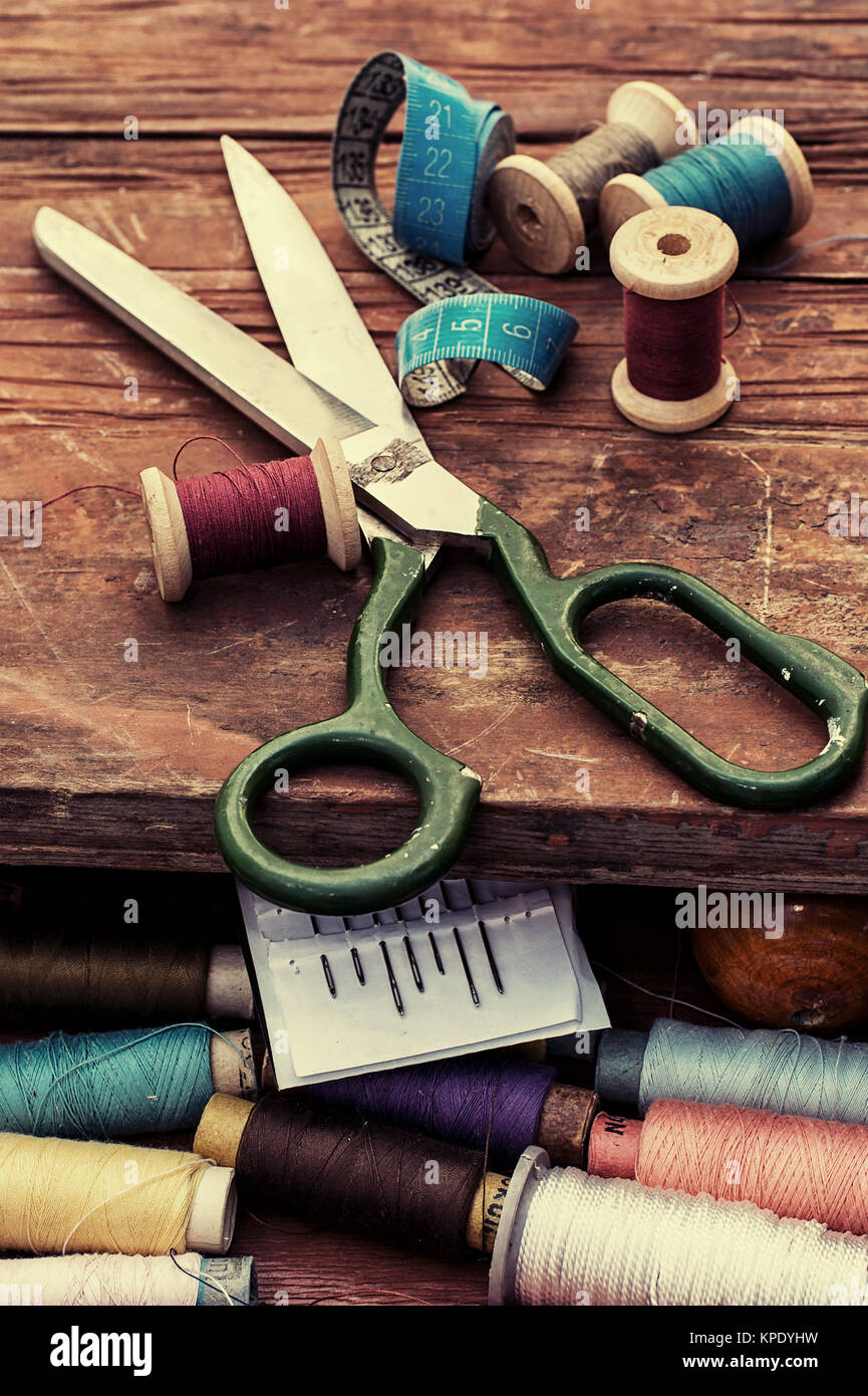 Tools and accessories for sewing and needlework Stock Photo - Alamy