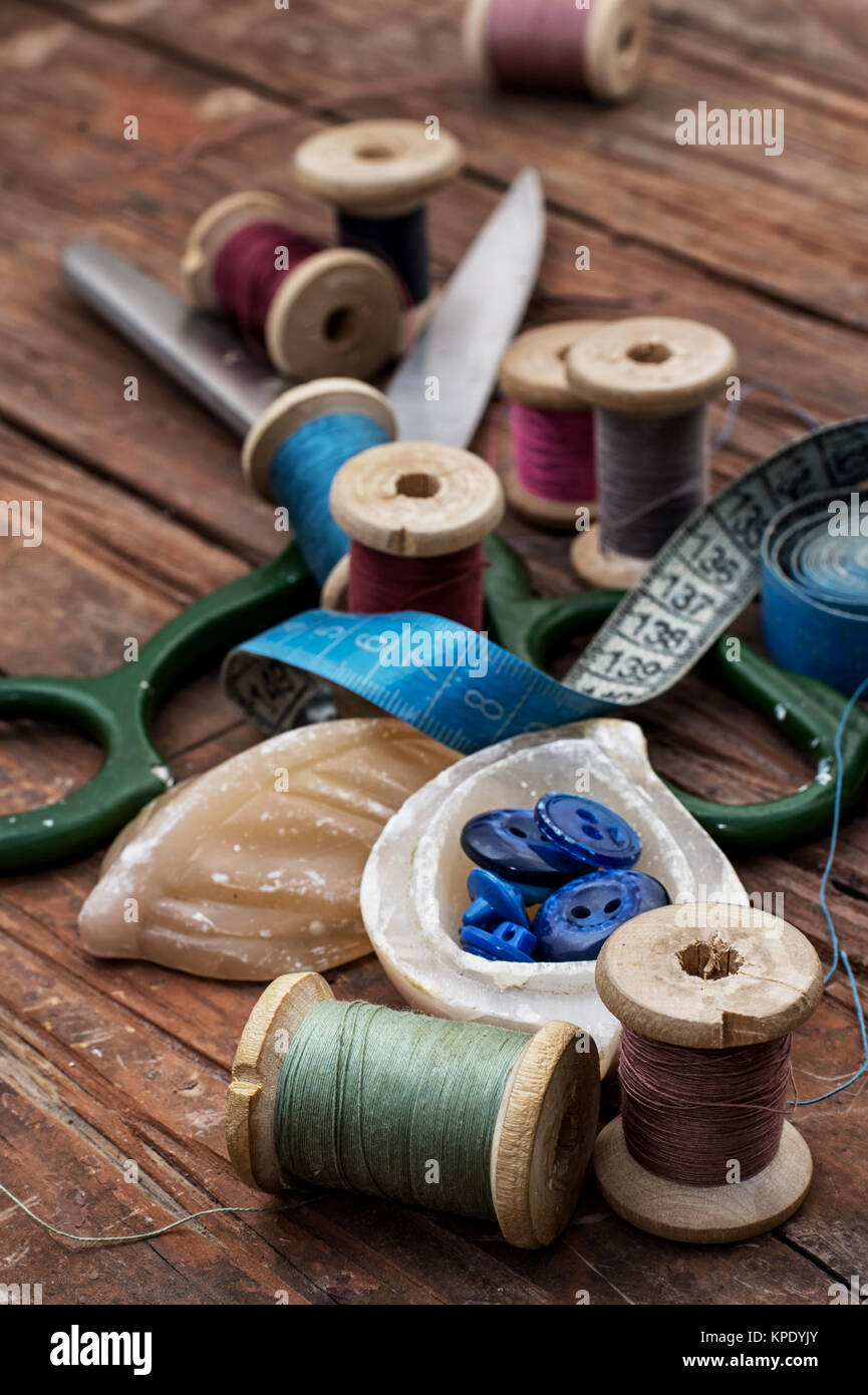 Tools and accessories for sewing and needlework Stock Photo - Alamy