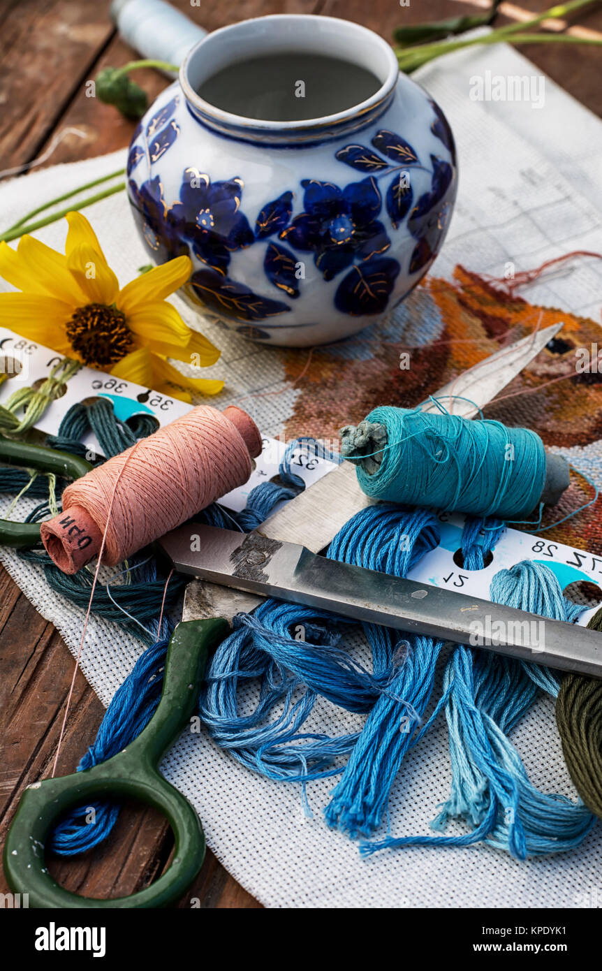 Tools and accessories for sewing and needlework Stock Photo - Alamy