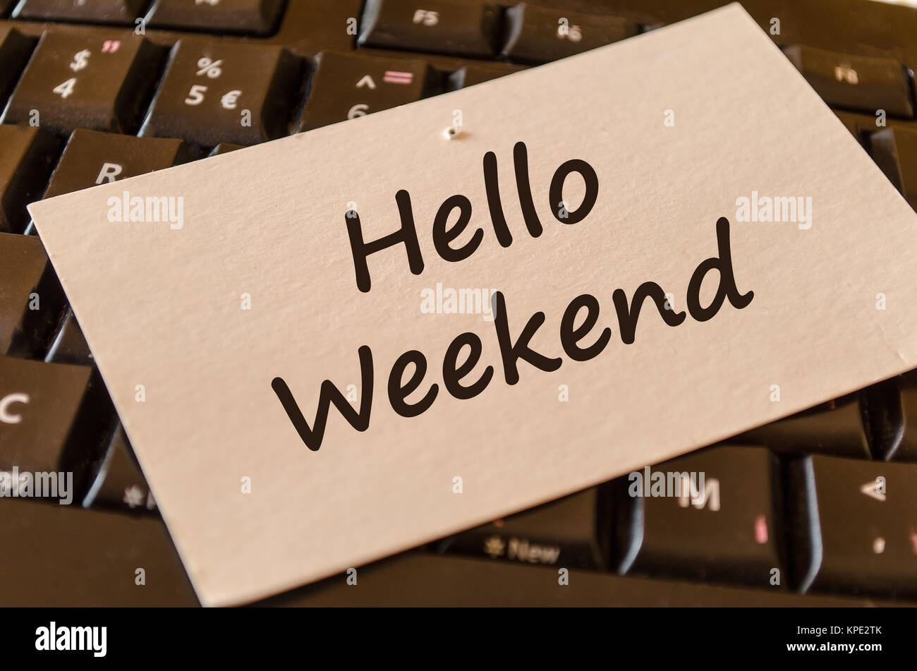 Hello weekend text note concept Stock Photo - Alamy