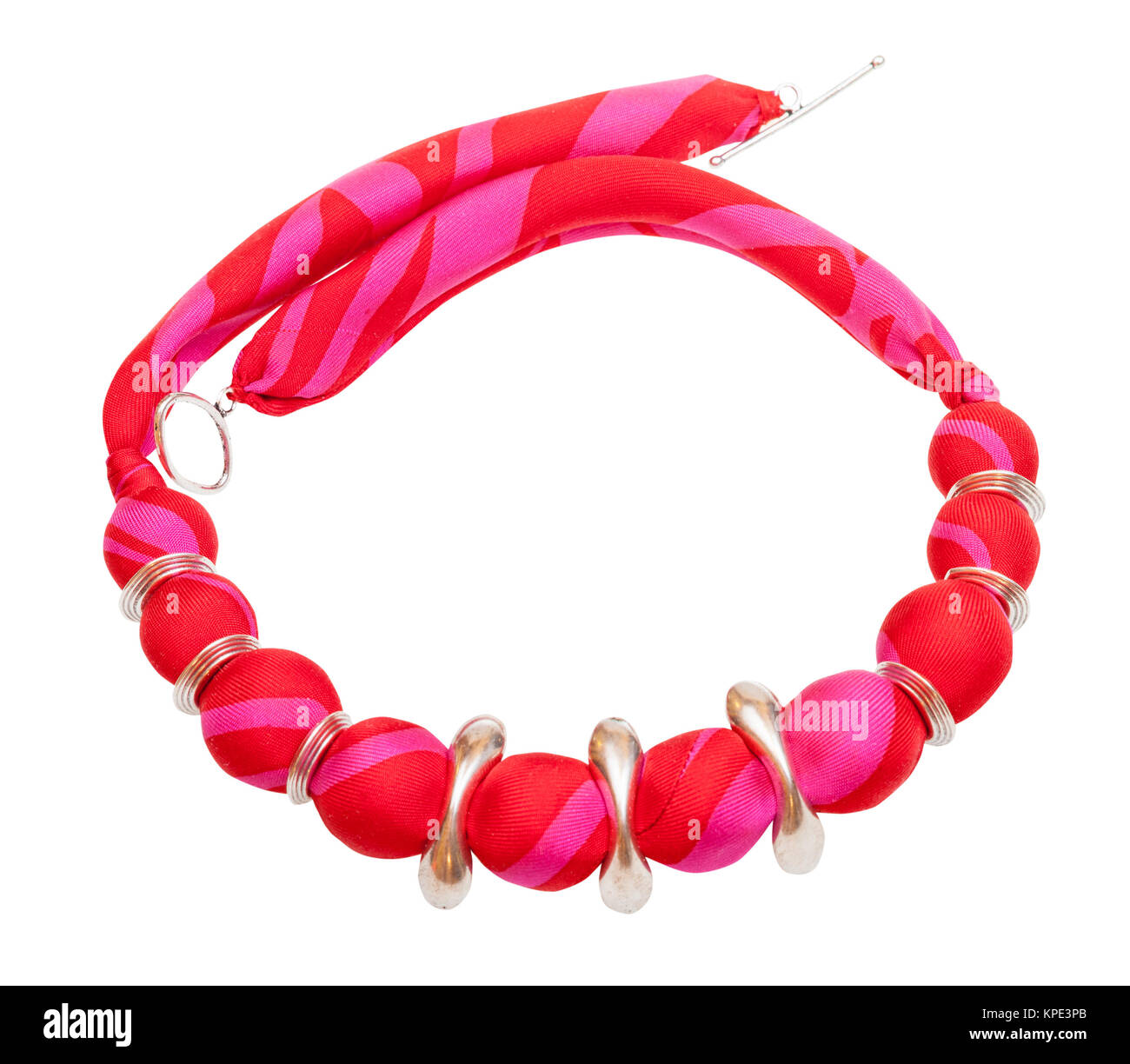 necklace from red silk balls and silver rings Stock Photo - Alamy