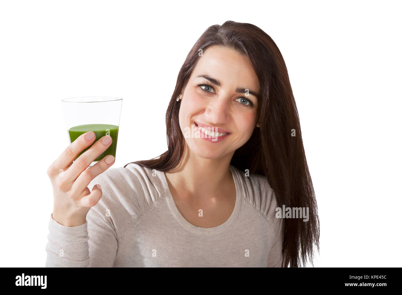 Detox. Beautiful girl with green drink isolated on white background ...