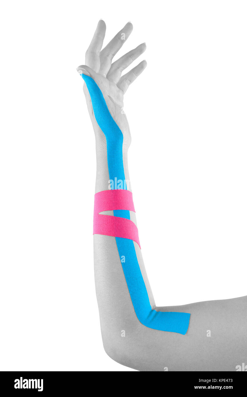 Kinesio tape on female hand isolated on white background. Chronic pain ...