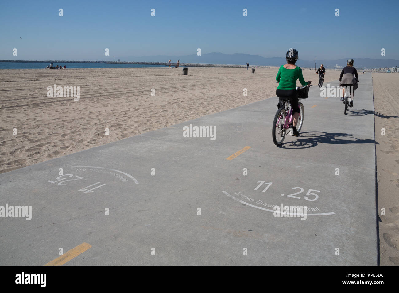 People biking on the beach bike path at Dockweiler State Beach, Los ...