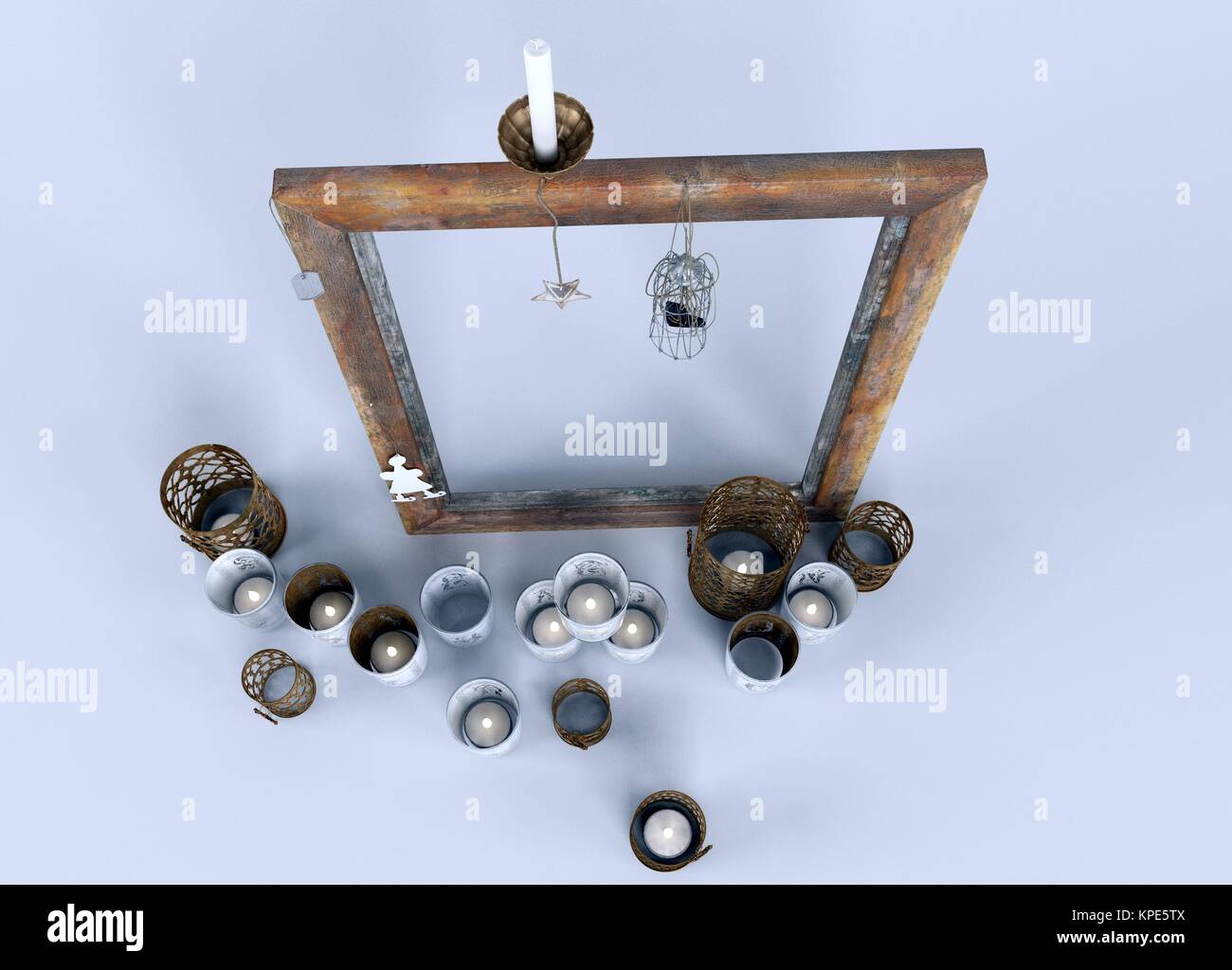 candles with wooden frame top view Stock Photo - Alamy