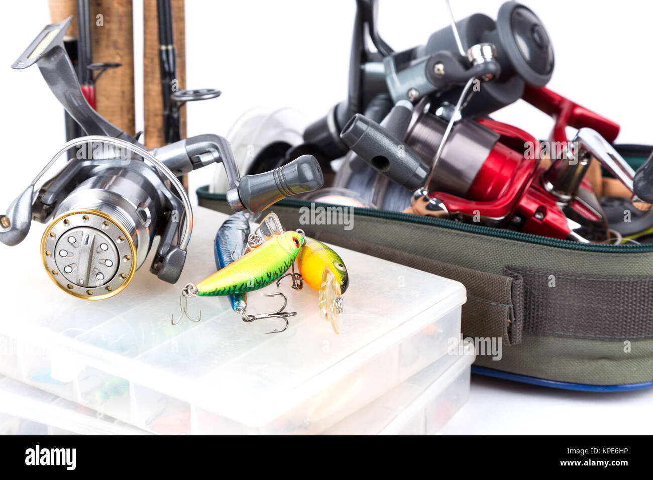 outdoor fishing tackles and baits Stock Photo - Alamy