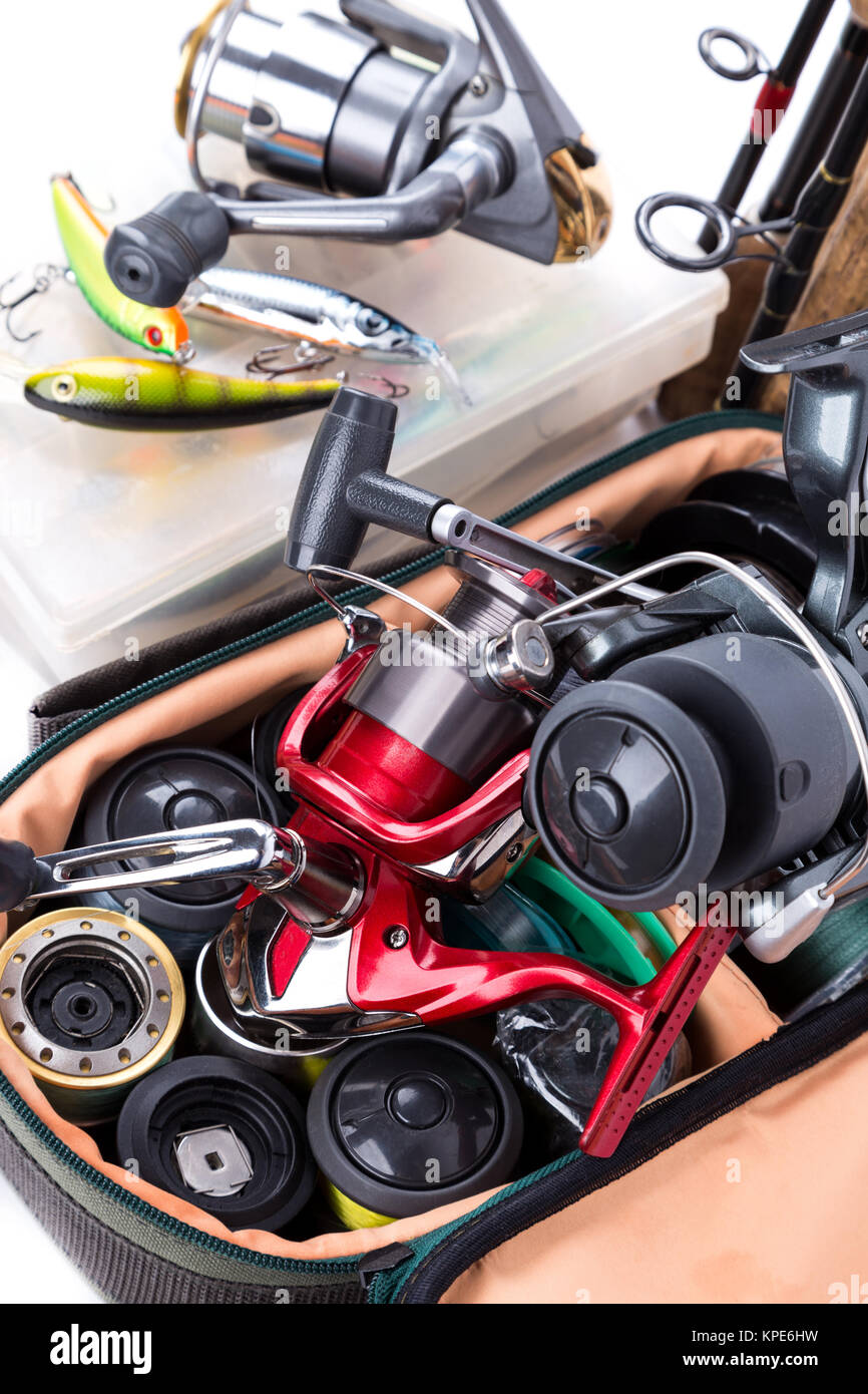 outdoor fishing tackles and baits Stock Photo - Alamy