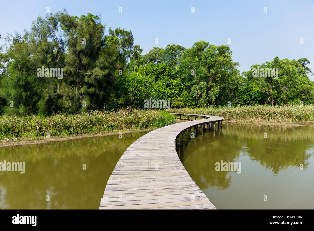 Wooden footbridge across river Stock Photo - Alamy