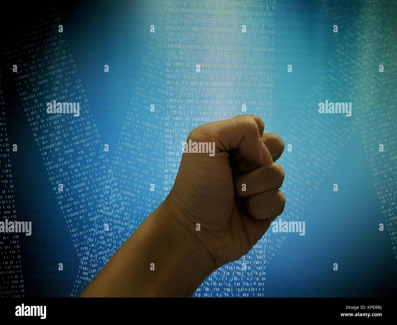 Hand in front of coding on computer screen display. Blue binary code background Stock Photo - Alamy