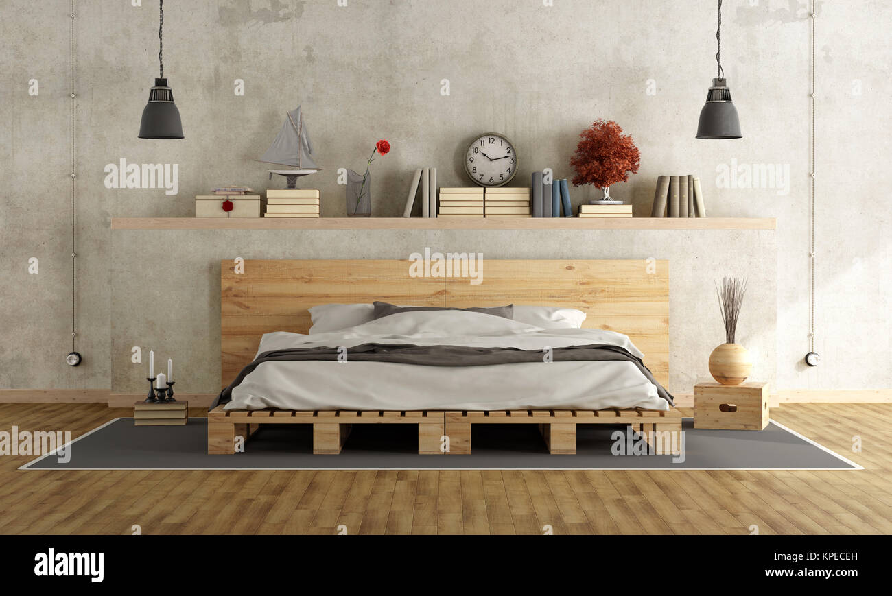 Bedroom with pallet double bed Stock Photo - Alamy