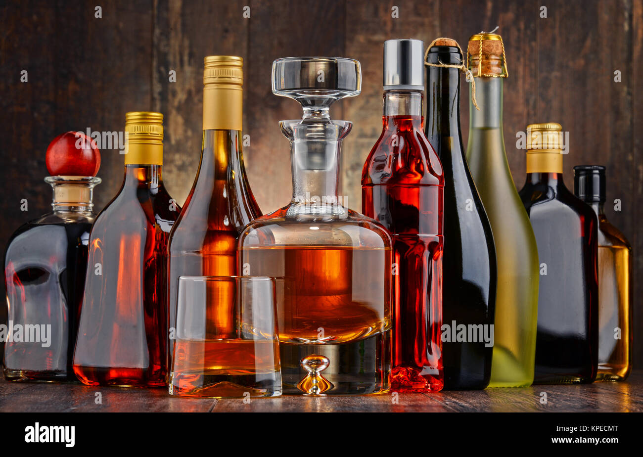 Bottles of assorted alcoholic beverages Stock Photo - Alamy