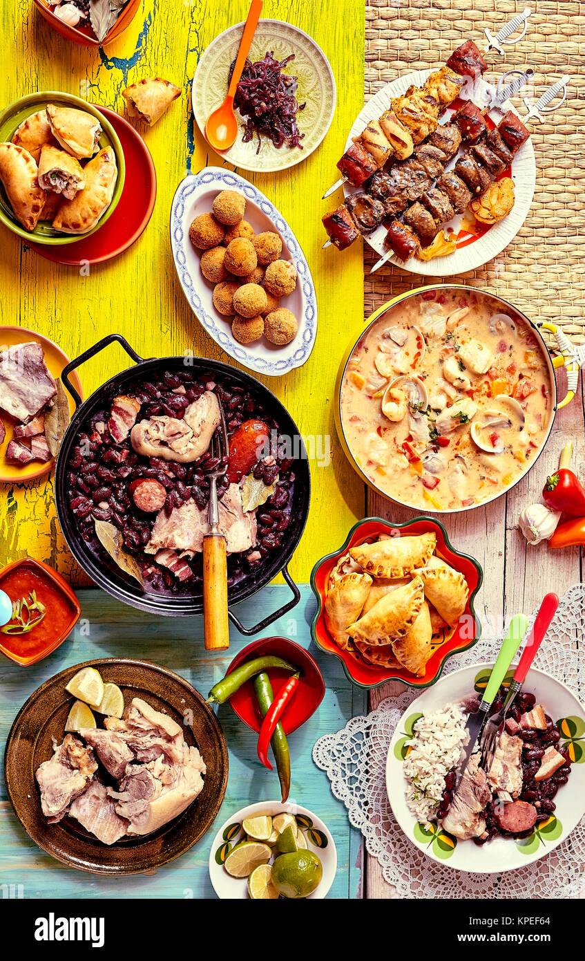 Top down view of various delicious home made Brazilian recipes ...
