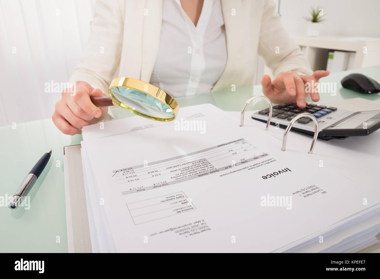 Close-up Of Businesswoman Checking Bill With Magnifying Glass Stock ...