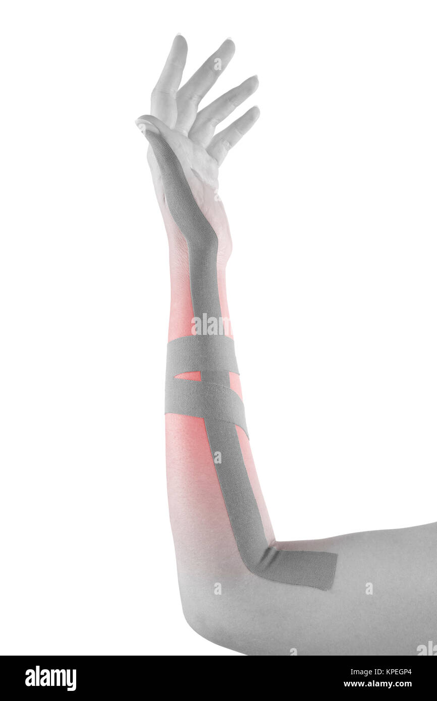 Kinesio tape on female hand isolated on white background. Chronic pain ...