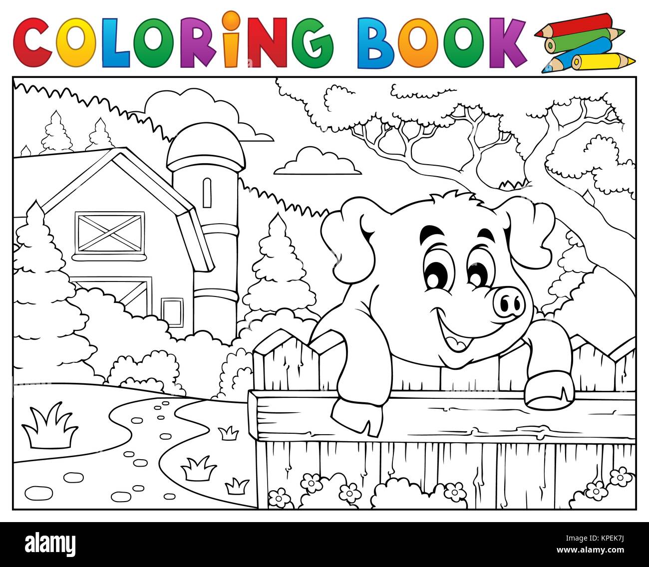 Coloring book pig behind fence near farm Stock Photo - Alamy