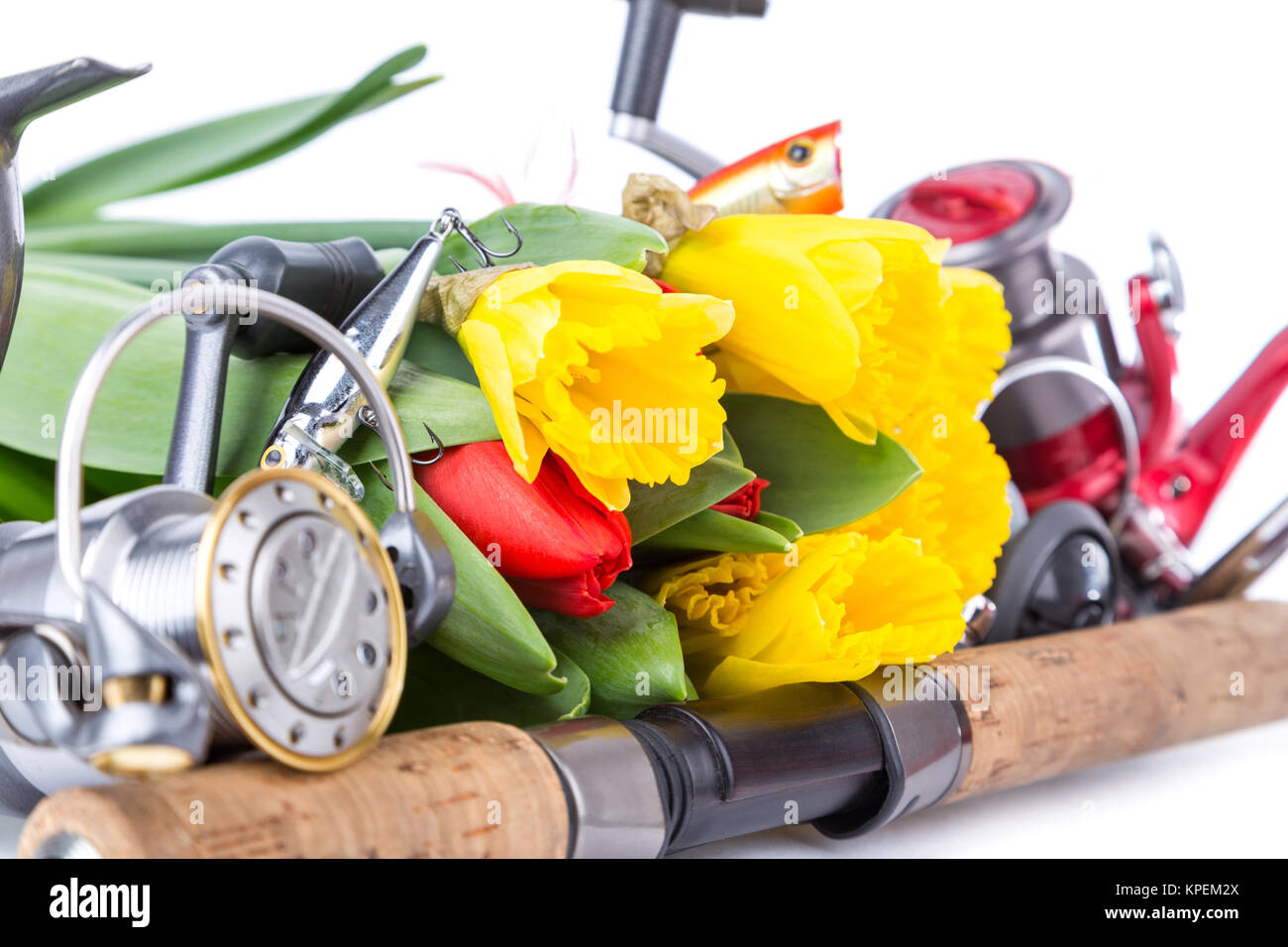 fishing tackles with spring flowers Stock Photo - Alamy