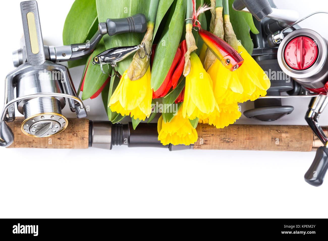 fishing tackles with spring flowers Stock Photo - Alamy