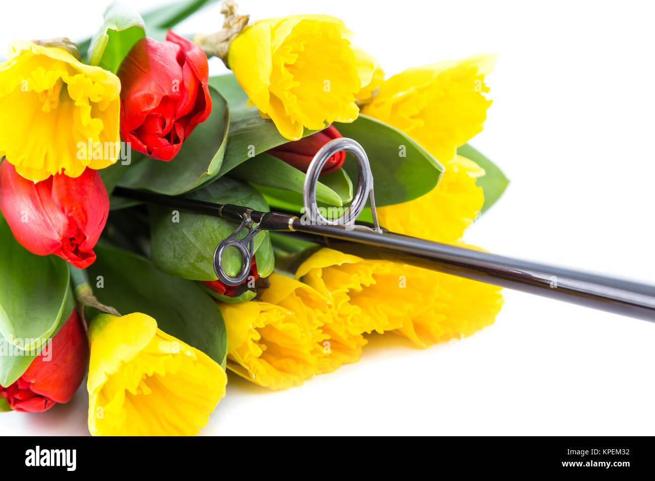 fishing rod with bouquet spring flowers Stock Photo - Alamy