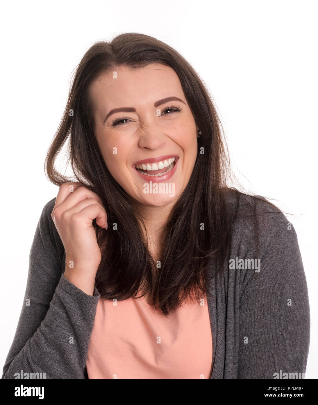 pretty woman face laughs and is happy Stock Photo - Alamy