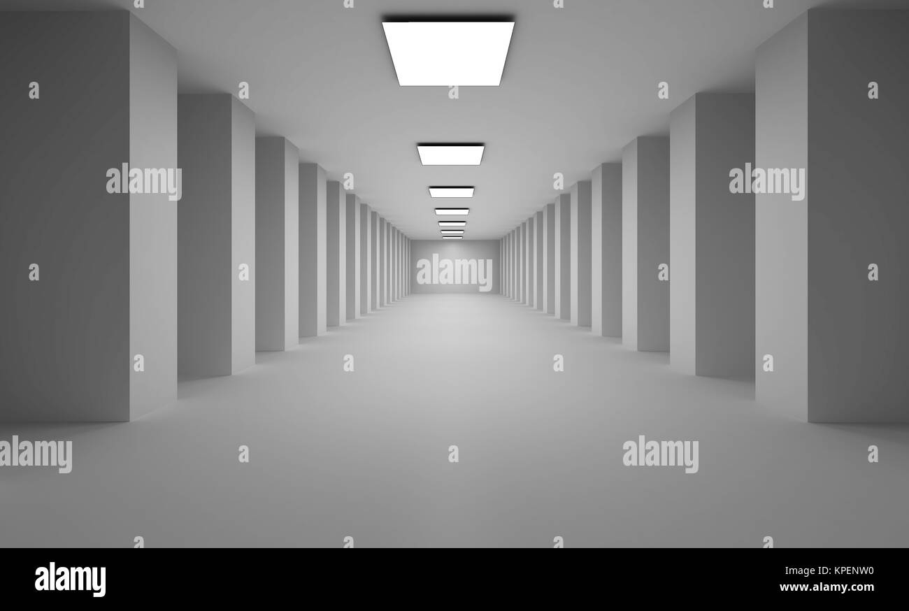 Long 3D passage with flat white lights on ceiling Stock Photo - Alamy