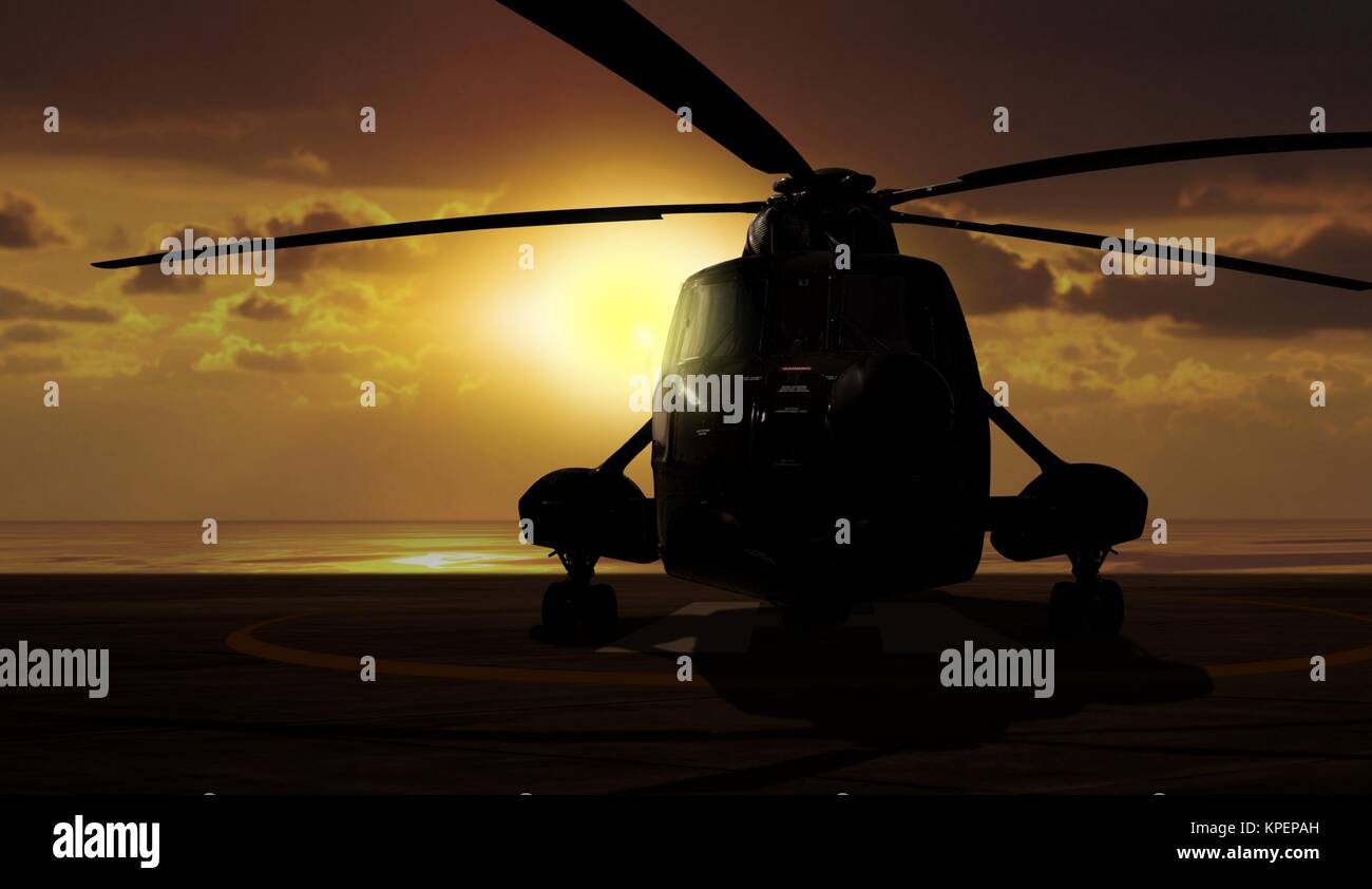 Military helicopter on carrier ship at sunset Stock Photo - Alamy