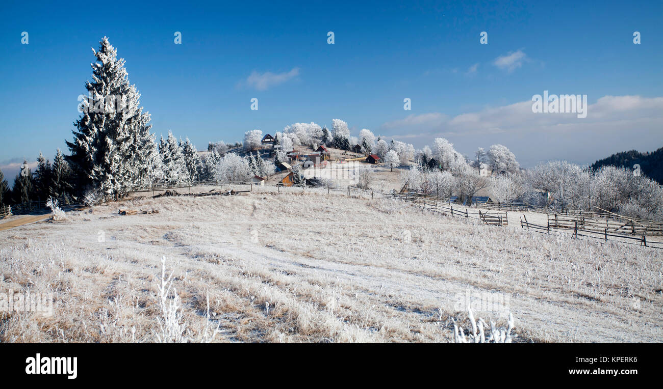 Hoarfrost covered winter landscape Stock Photo - Alamy