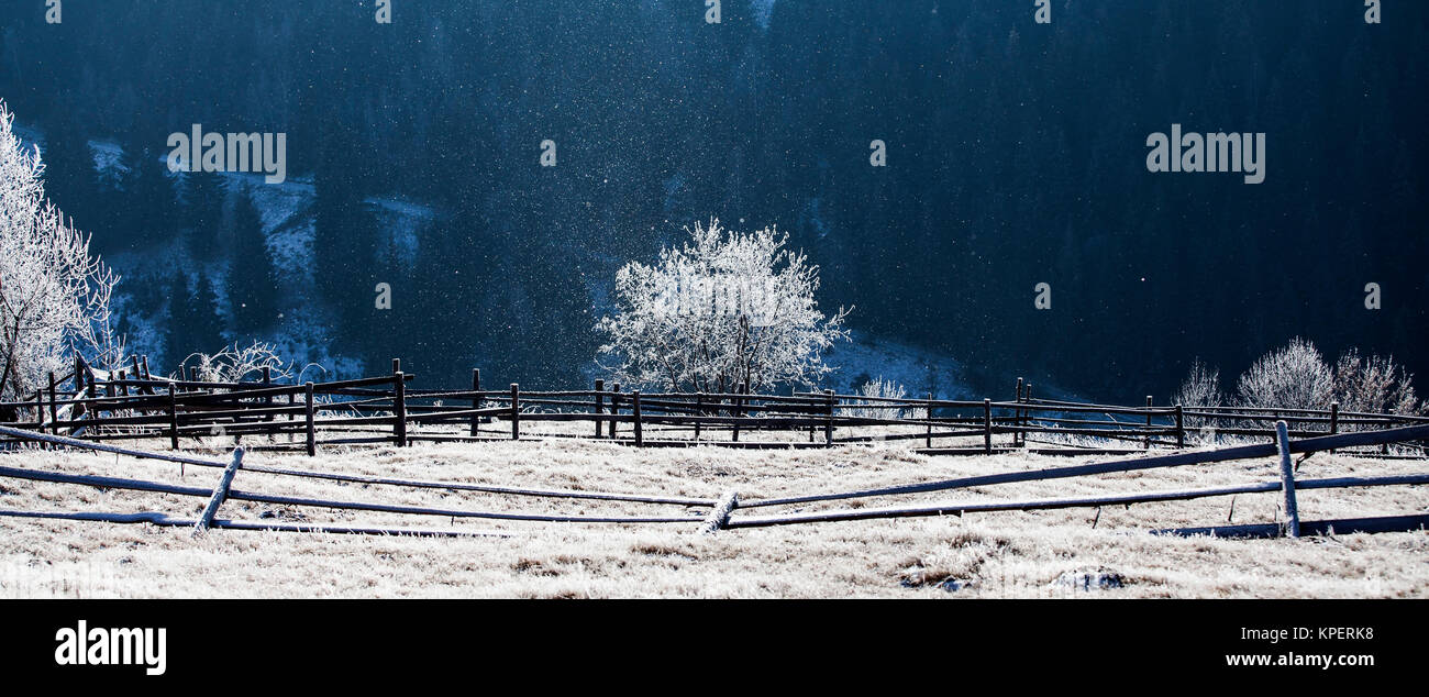 Hoarfrost covered rural landscape Stock Photo - Alamy