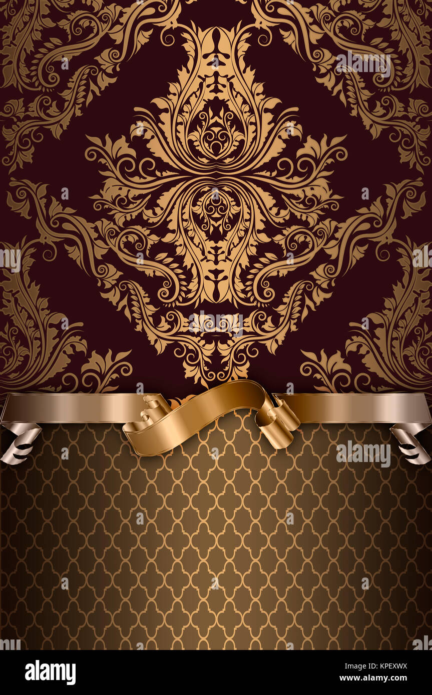 Old-fashioned ornamental background with elegant gold ribbon and ...