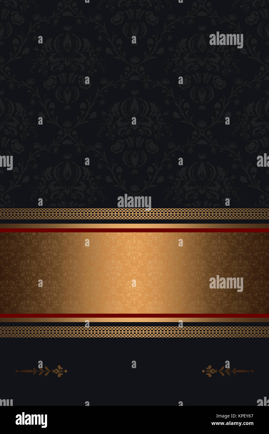 Gold and black vintage background with old-fasioned patterns and space ...