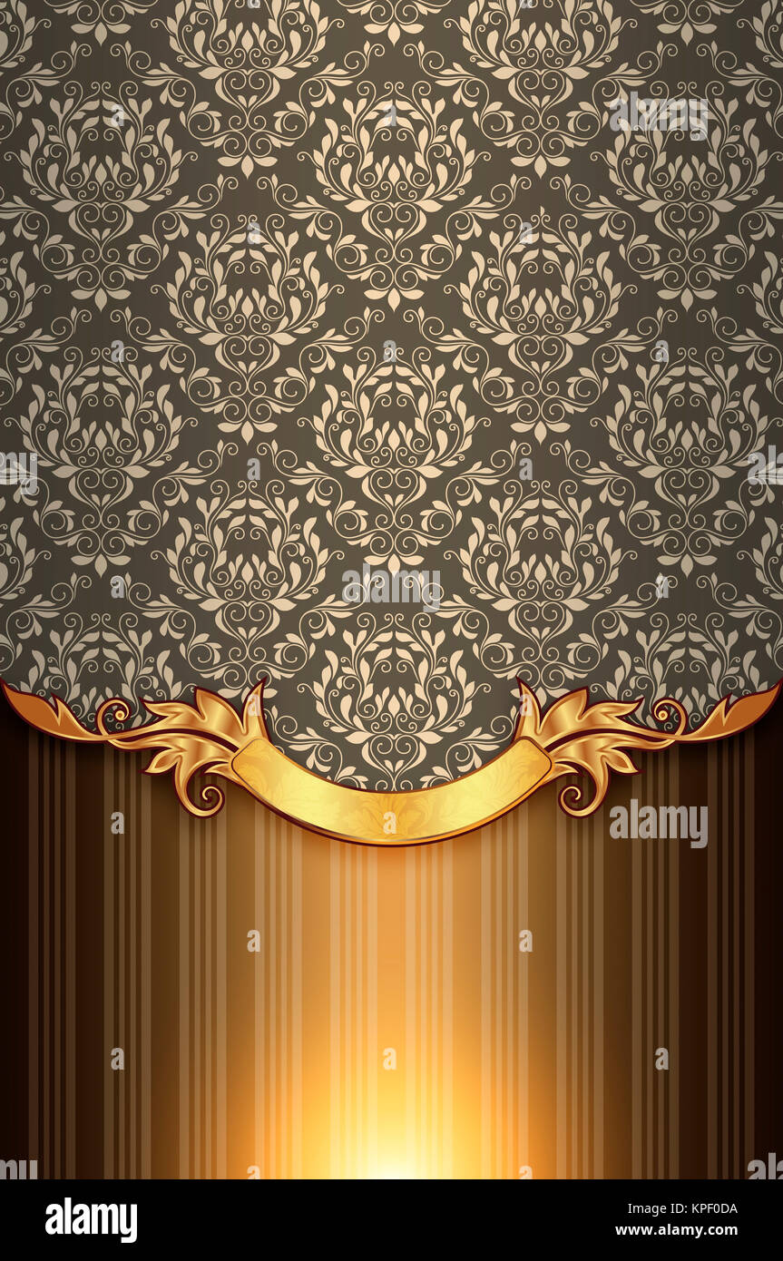 Decorative vintage background with gold floral border and old-fashioned ...
