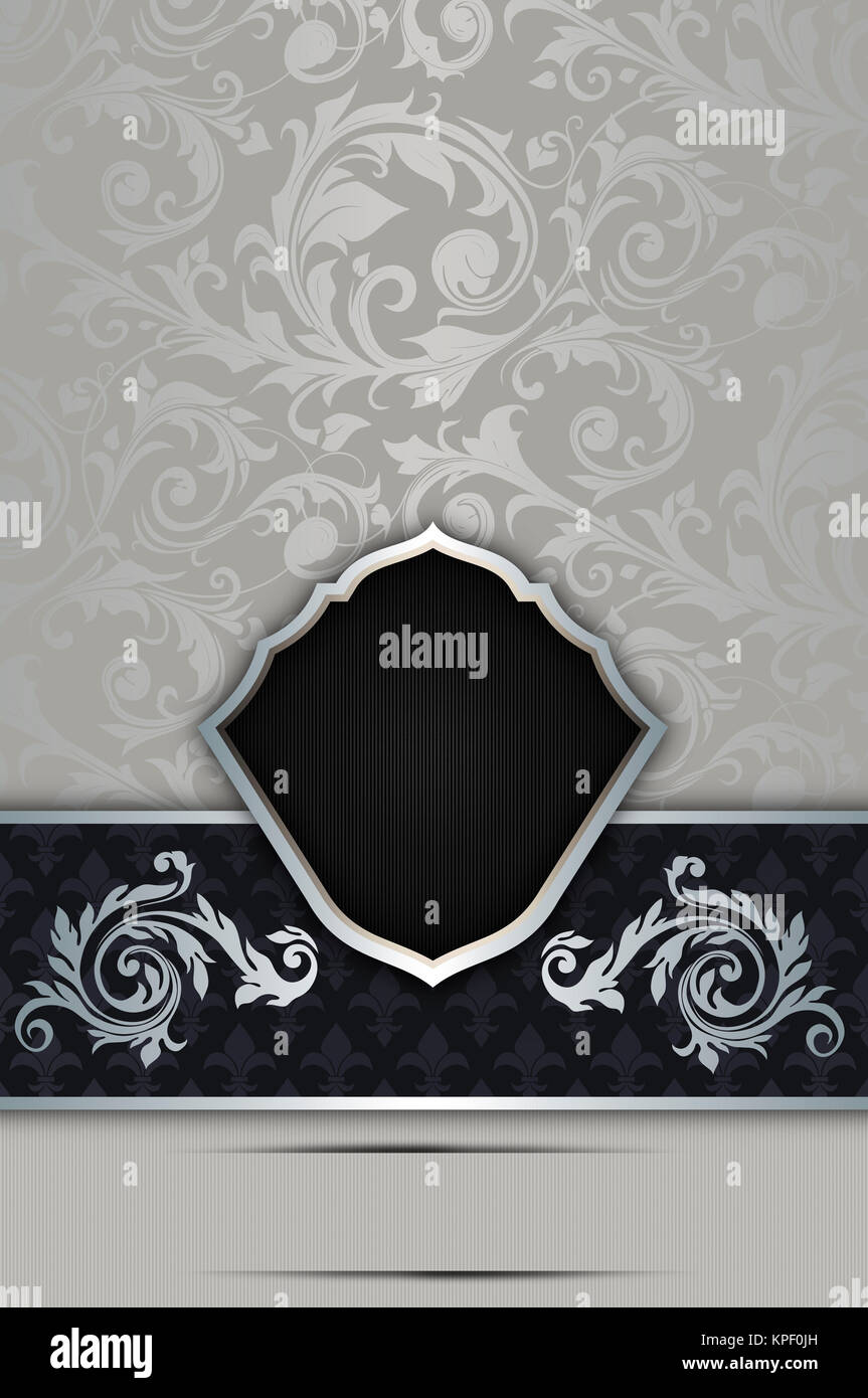 Silver vintage background with elegant frame and old-fashioned patterns ...
