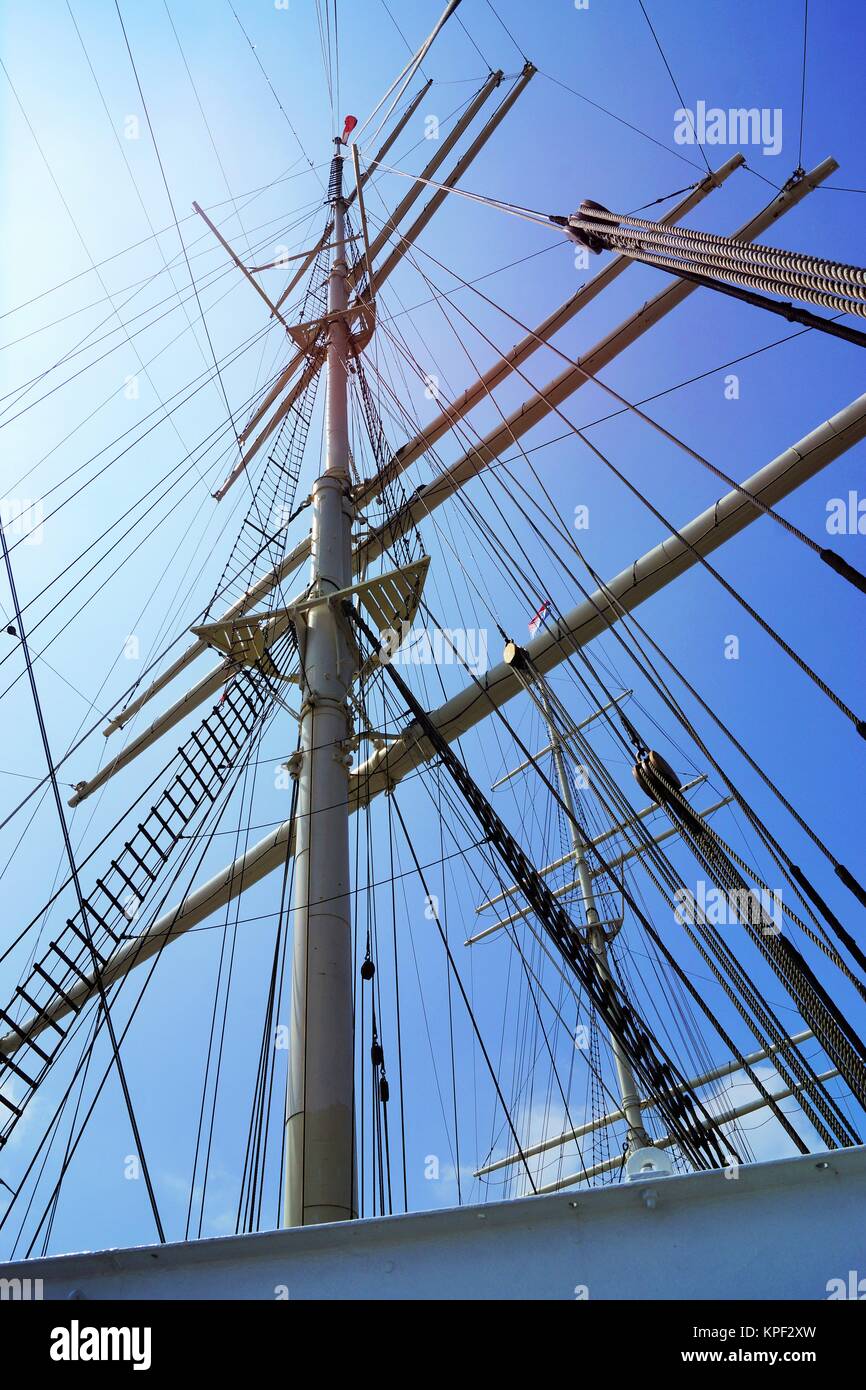 Large mast of a sailing ship under blue sky Stock Photo - Alamy