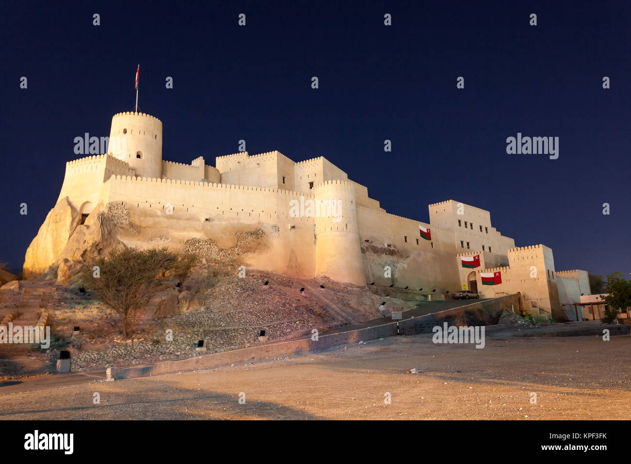 Historic Nakhal Fort illuminated at night. Sultanate of Oman, Middle ...