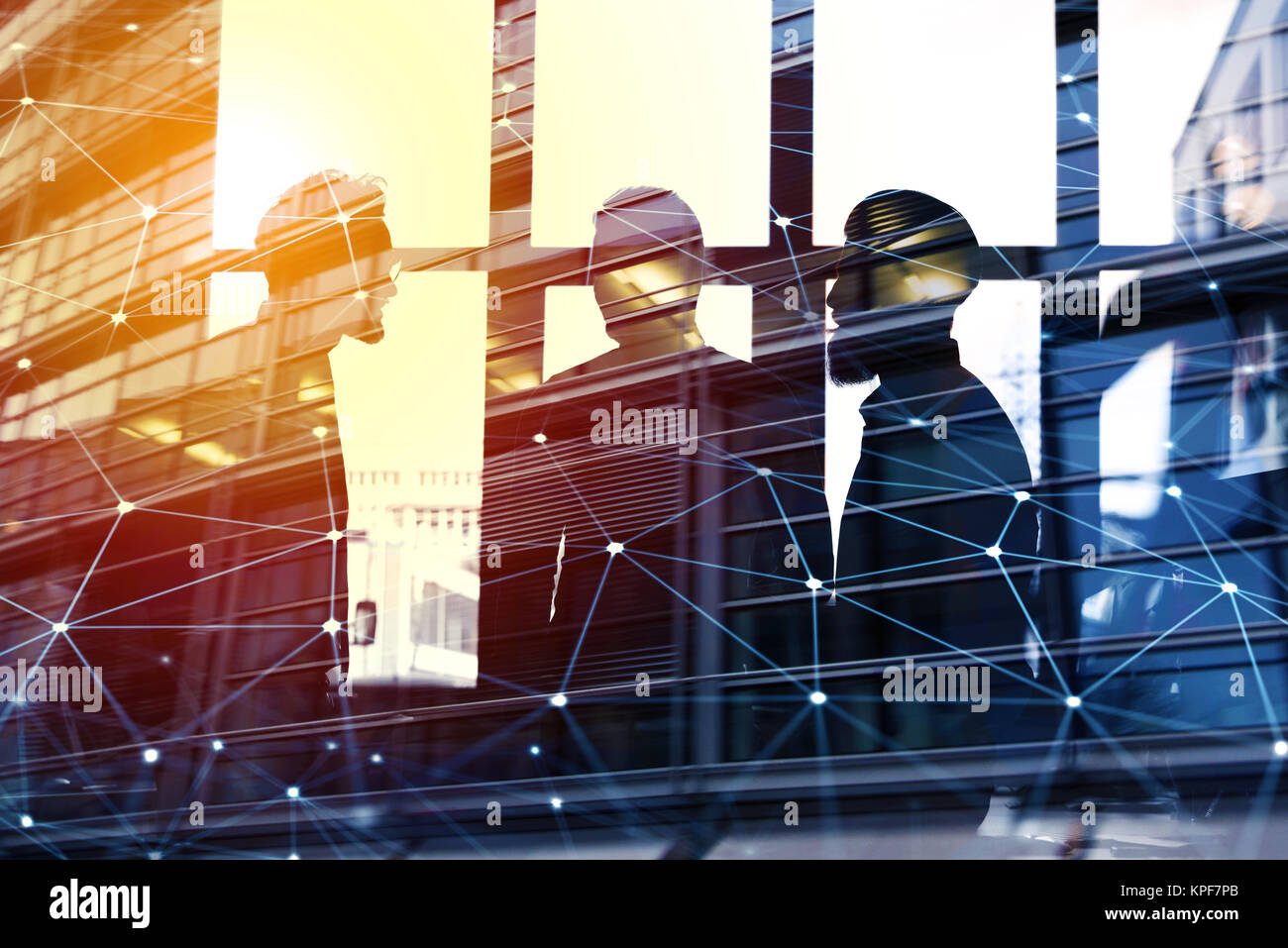 Businessmen that work together in office with network connection effect ...