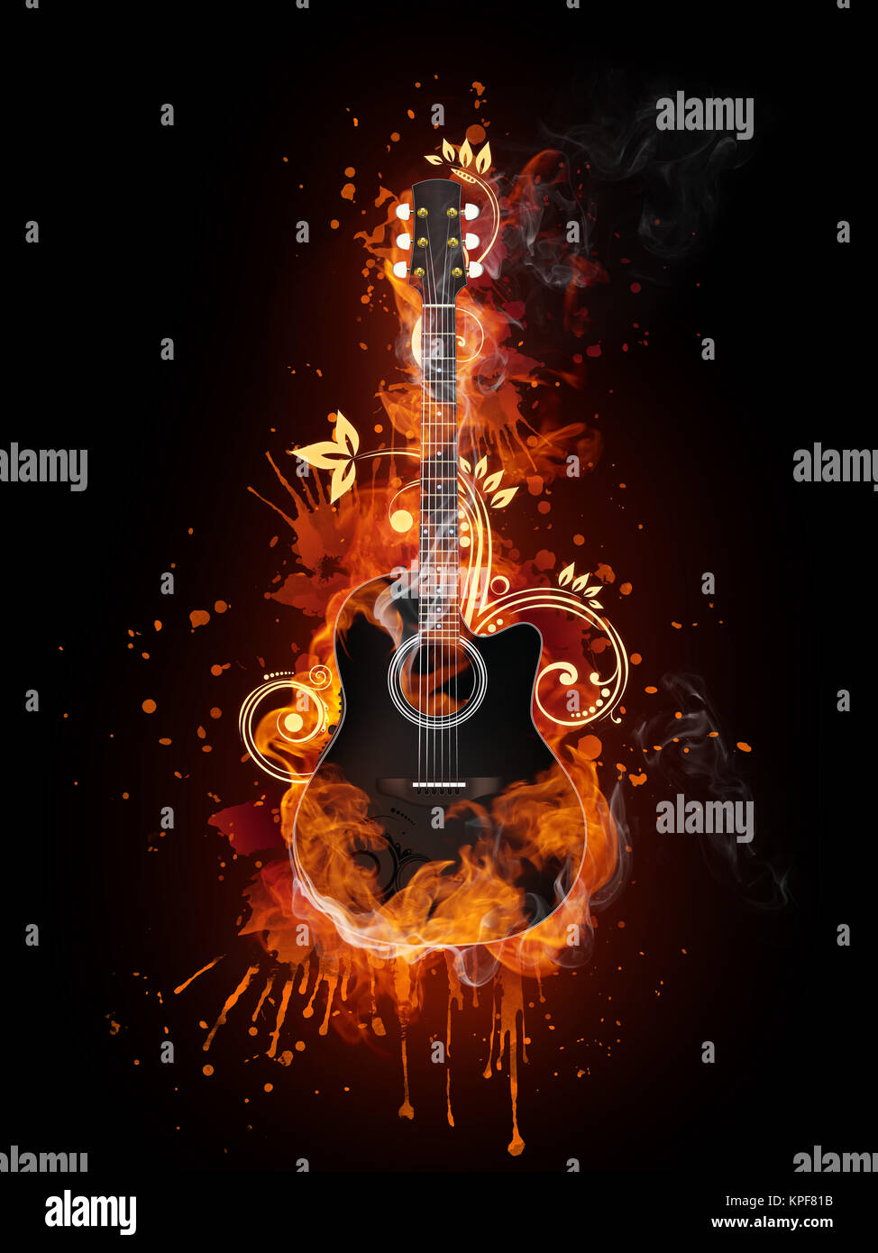 Acoustic - Electric Guitar in Fire Flame Isolated on Black Background ...