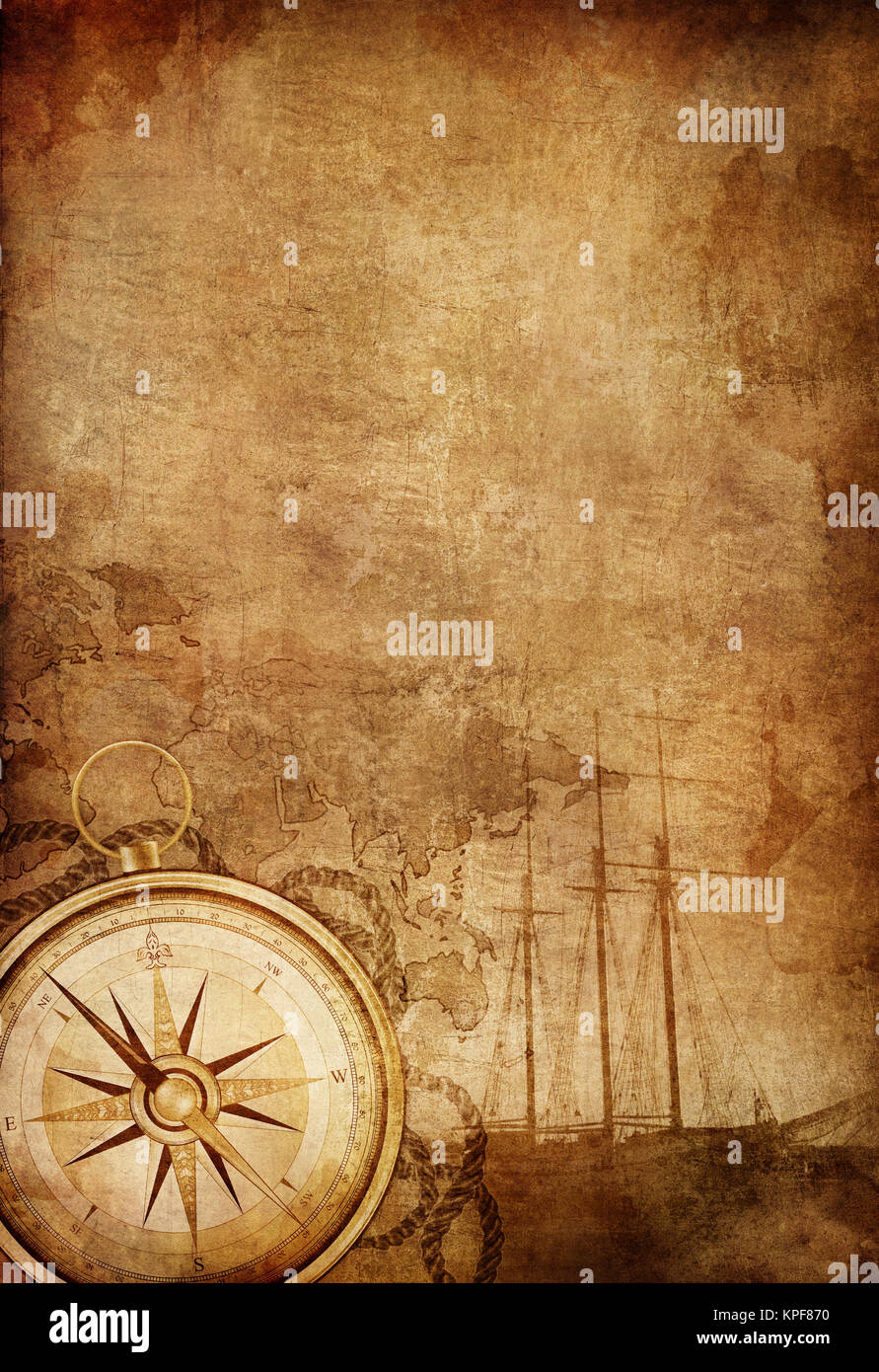 Old Paper Texture with Retro Styled Compass, Ship and Rope Stock Photo ...