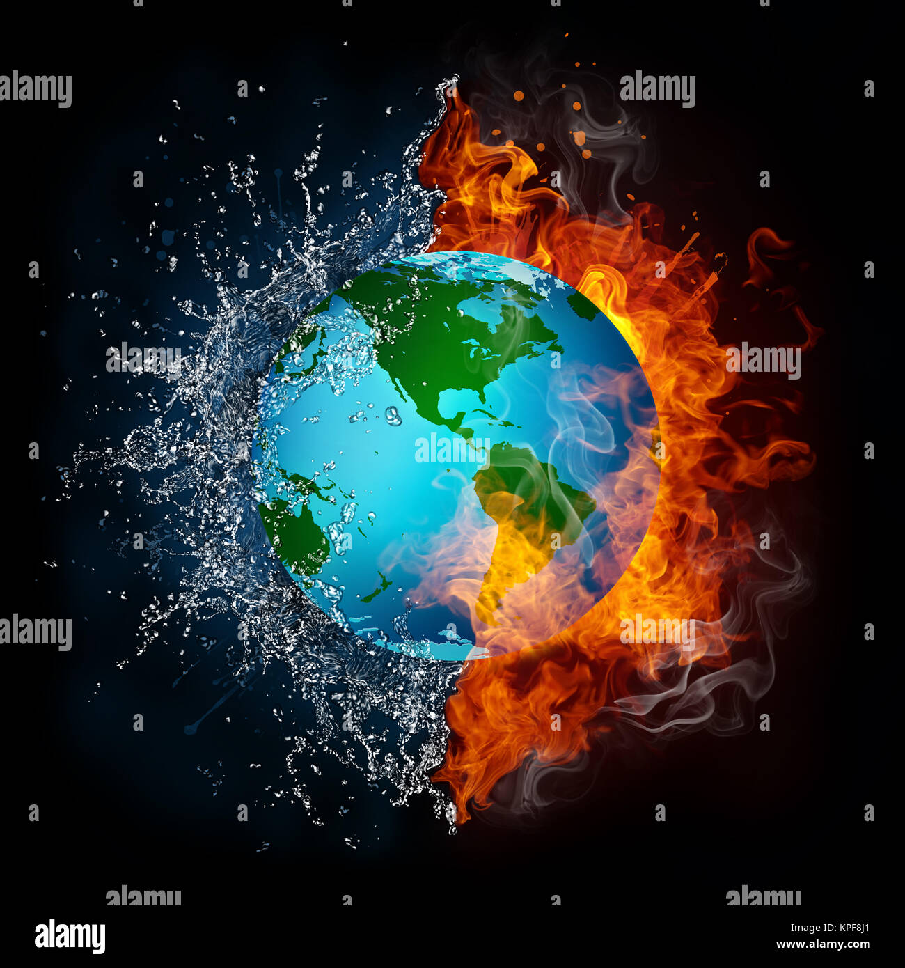 Globe in Fire and Water Isolated on Black Background. Computer Graphics ...