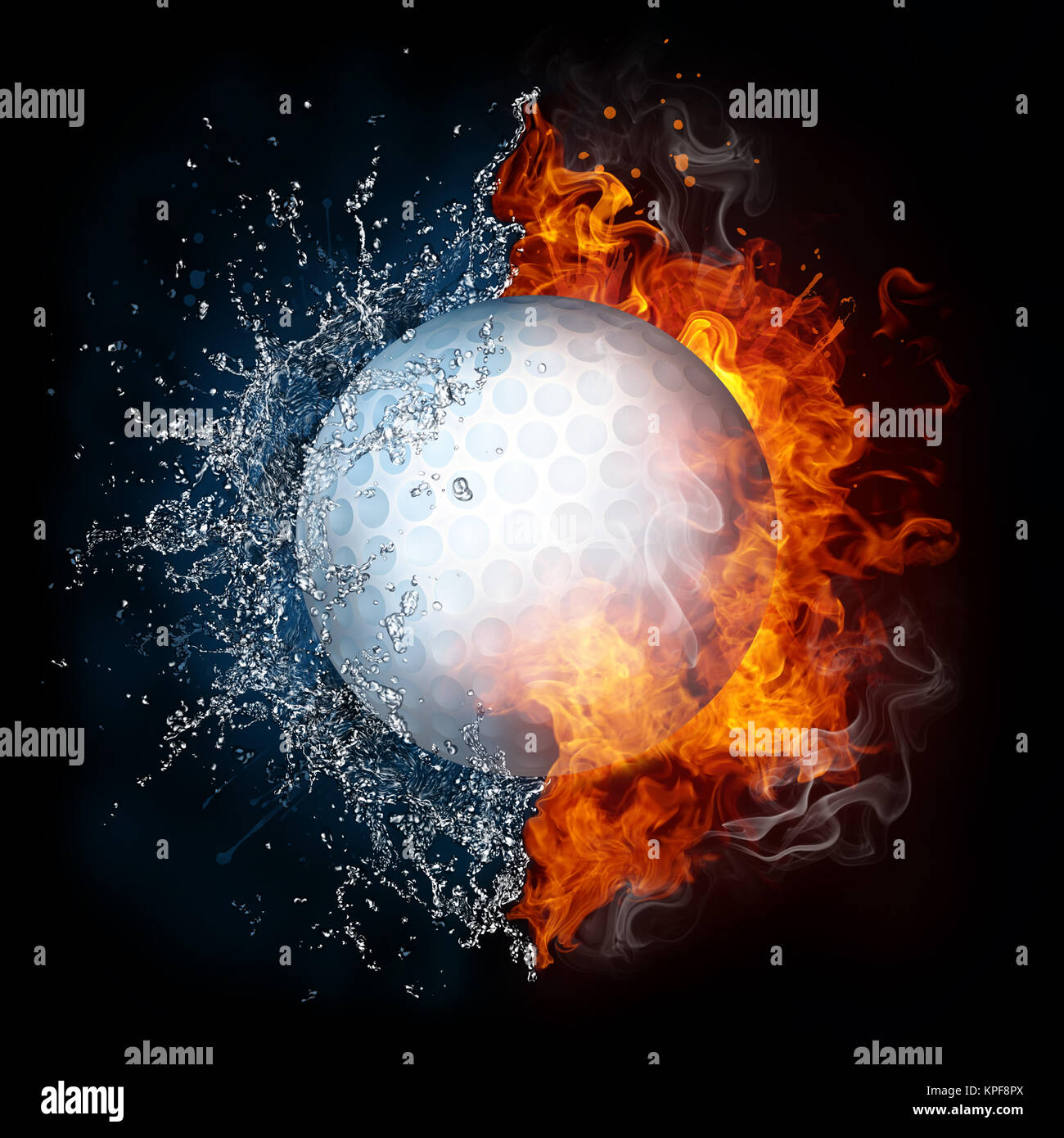 Golf Ball in fire and water isolated on black background Stock Photo ...