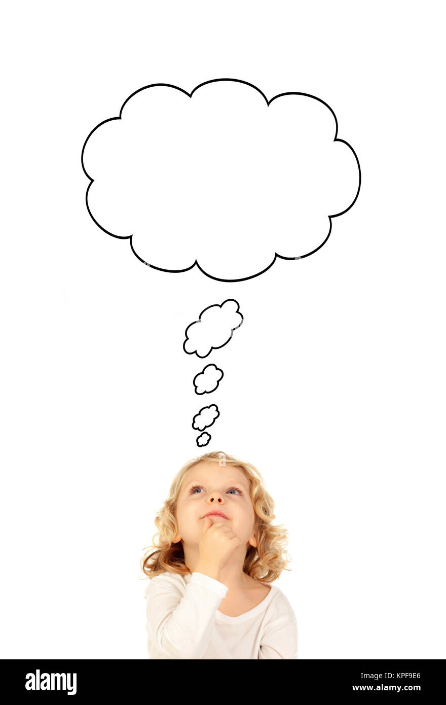 Small blond child imagining something isolated on a white background ...