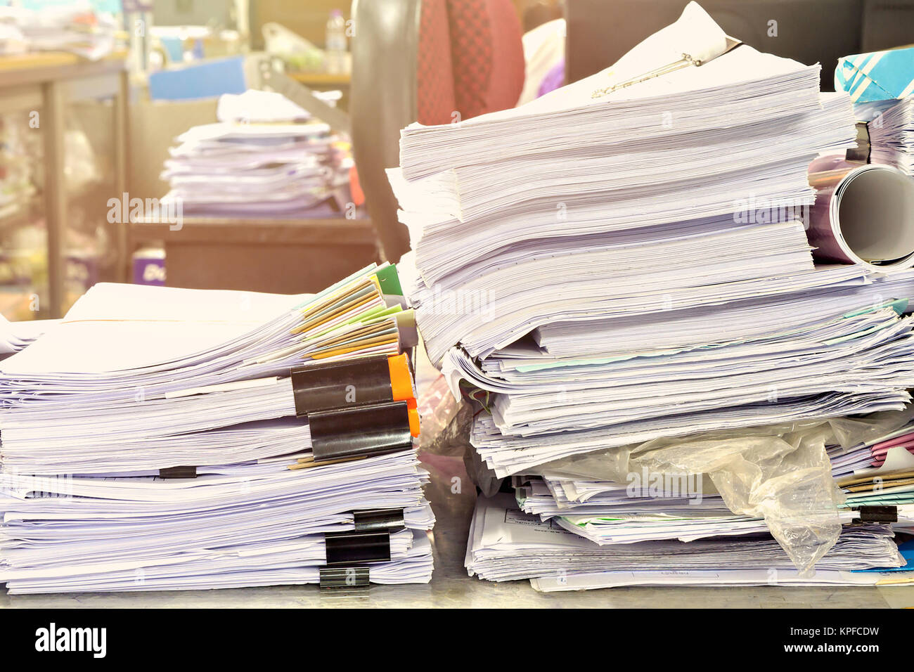 Close up of business documents stack on desk , report papers stack ...