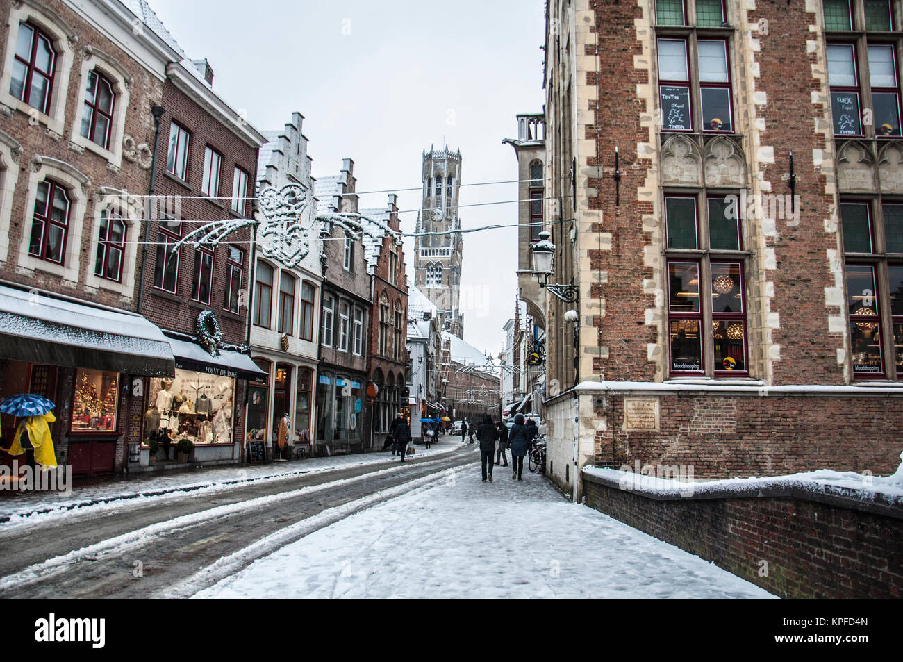 typical street of brugge, snow, snowing day, bruge, flanders, belgium ...
